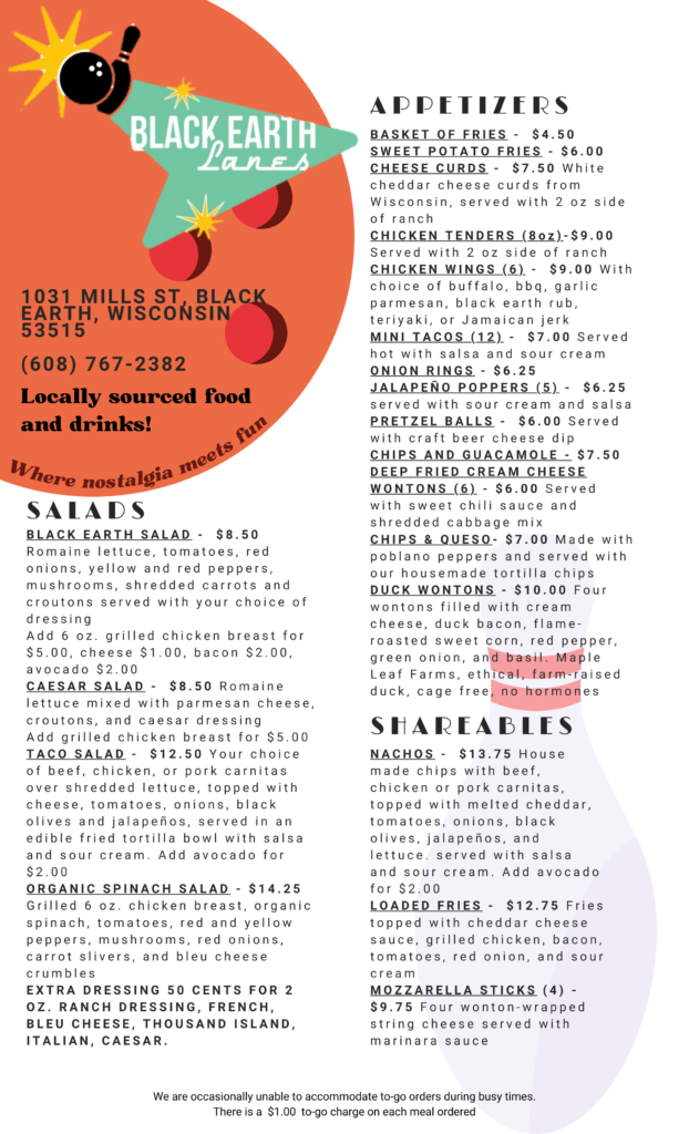 Food Menu | Black Earth Lanes