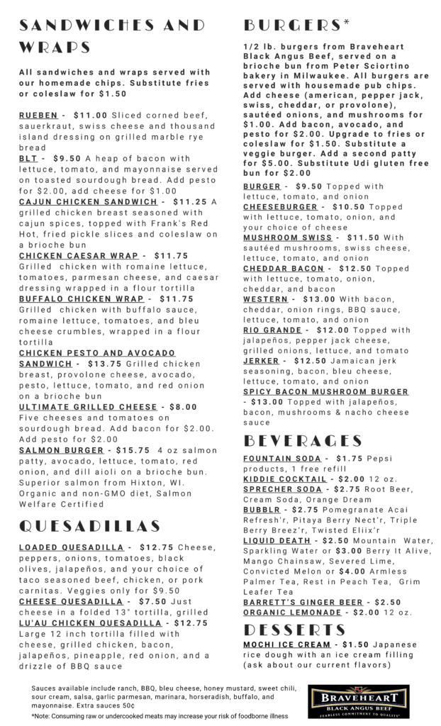 Food Menu | Black Earth Lanes